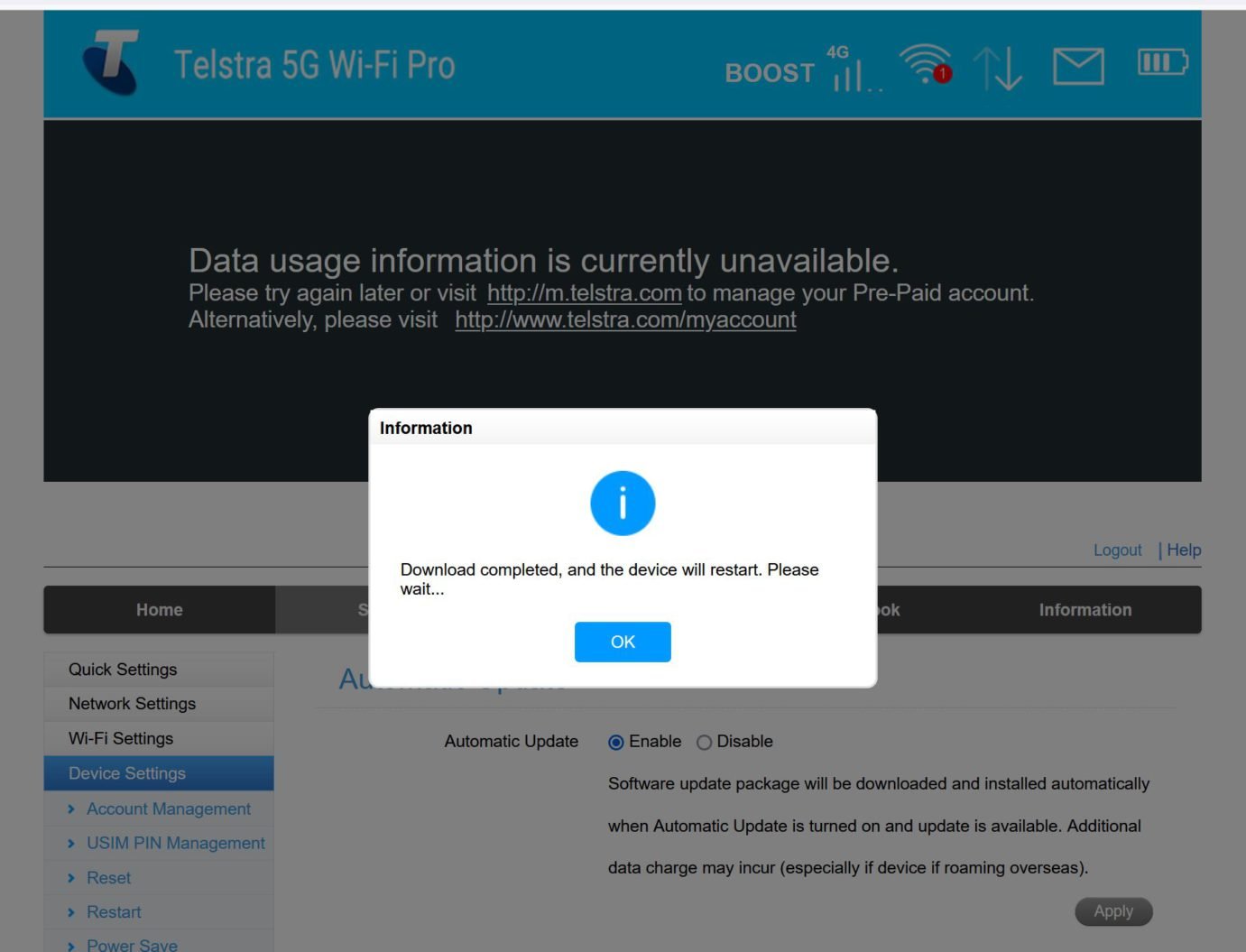 Telstra 5G Wi-Fi Pro ZTE MU500 won't update software